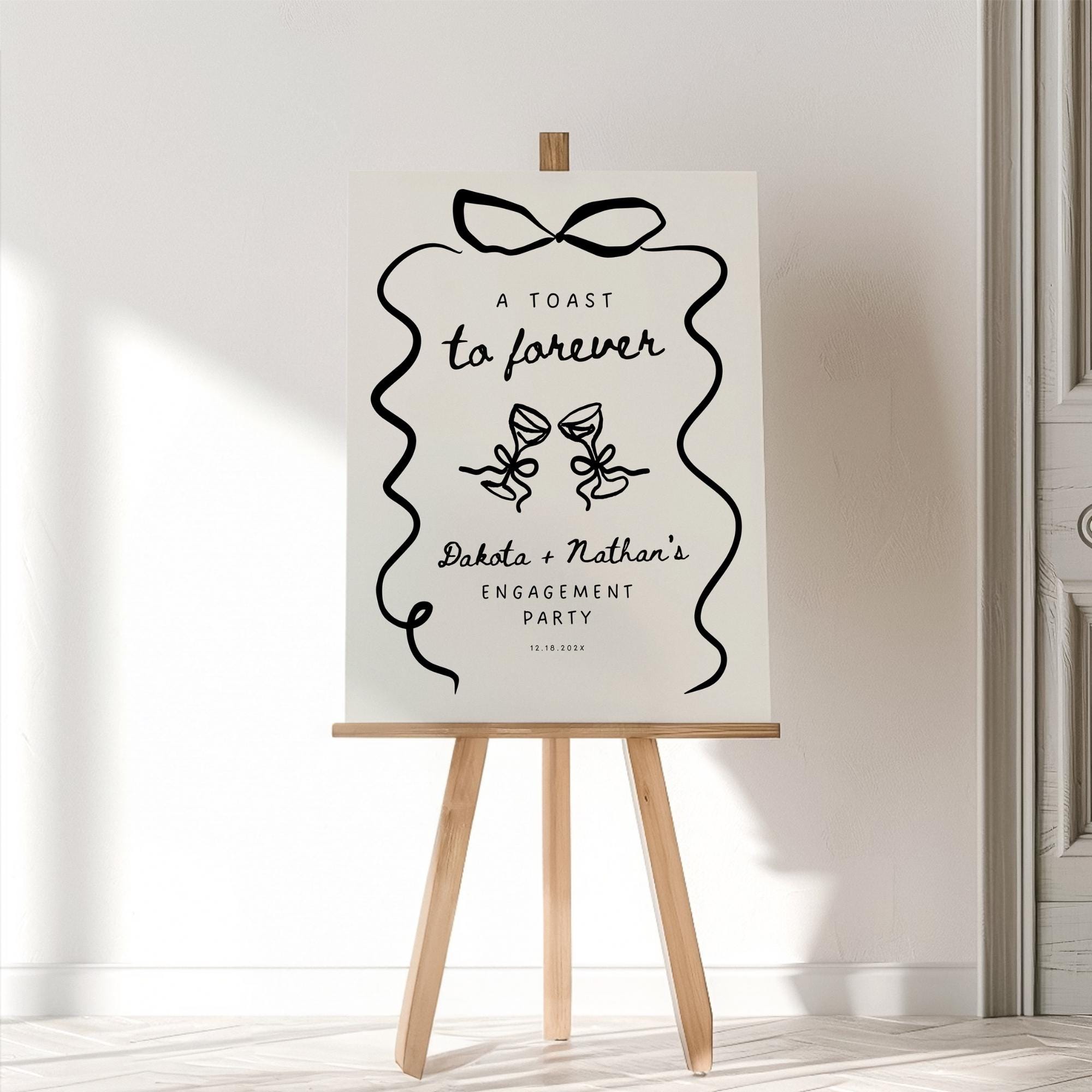 Wavy Bow Engagement Welcome Sign – Whimsical Champagne Canva Template ...